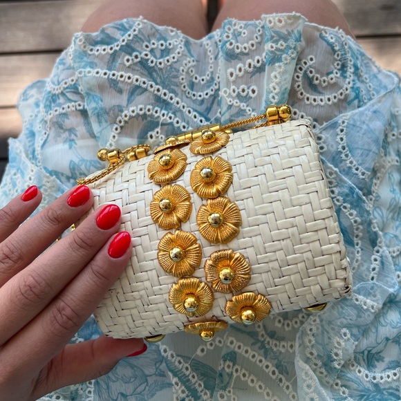 Rodo | Bags | Rare Vintage Rodo White Wicker Mini Bag With Gold Straps ...